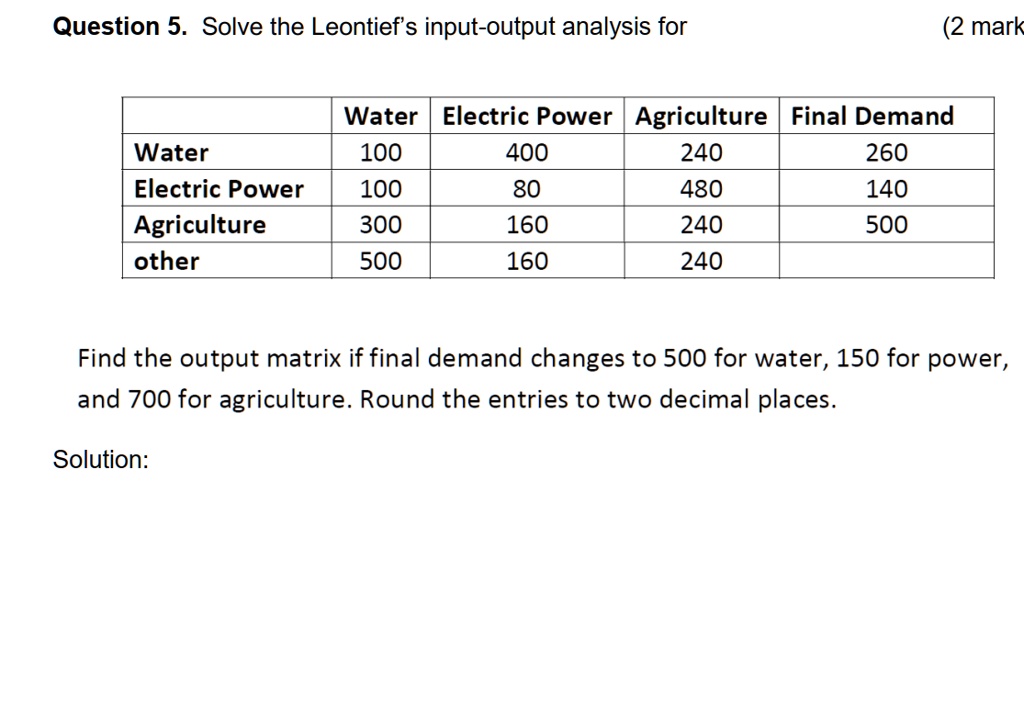 SOLVED: Question 5. Solve the Leontief's input-output analysis for (2 mark Water Electric Power ...