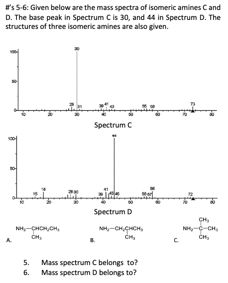 SOLVED: #s 5-6: Given below are the mass spectra of isomeric amines C ...