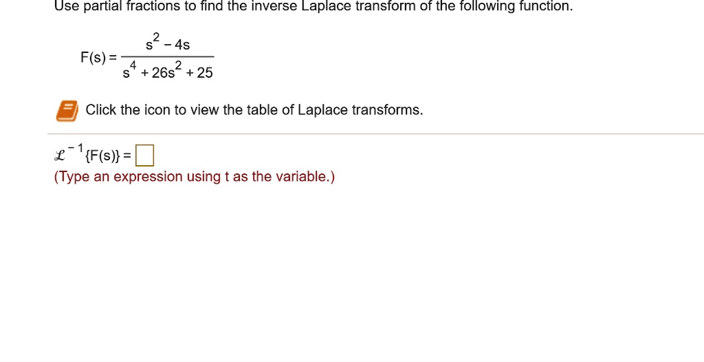 SOLVED: Use partial fractions to find the inverse Laplace transform of the following function: F ...