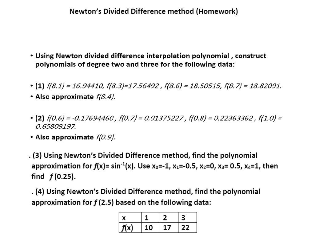 SOLVED: Newton's Divided Difference method (Homework) Using Newton ...