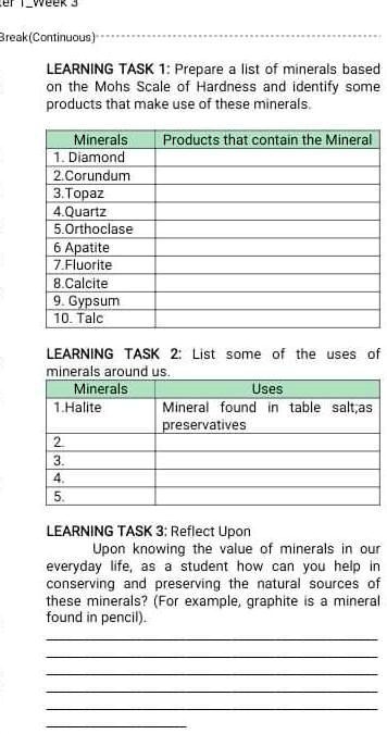 Break (Continuous) LEARNING TASK 1: Prepare a list of minerals based on ...