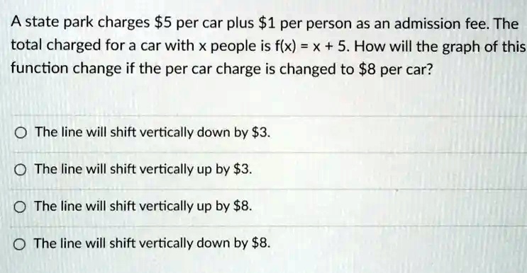 a state park charges 5 per car plus 1 per person as an admission fee ...