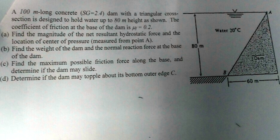 SOLVED: A 100 m-long concrete SG=2.4 dam with a triangular cross-section is designed to hold ...