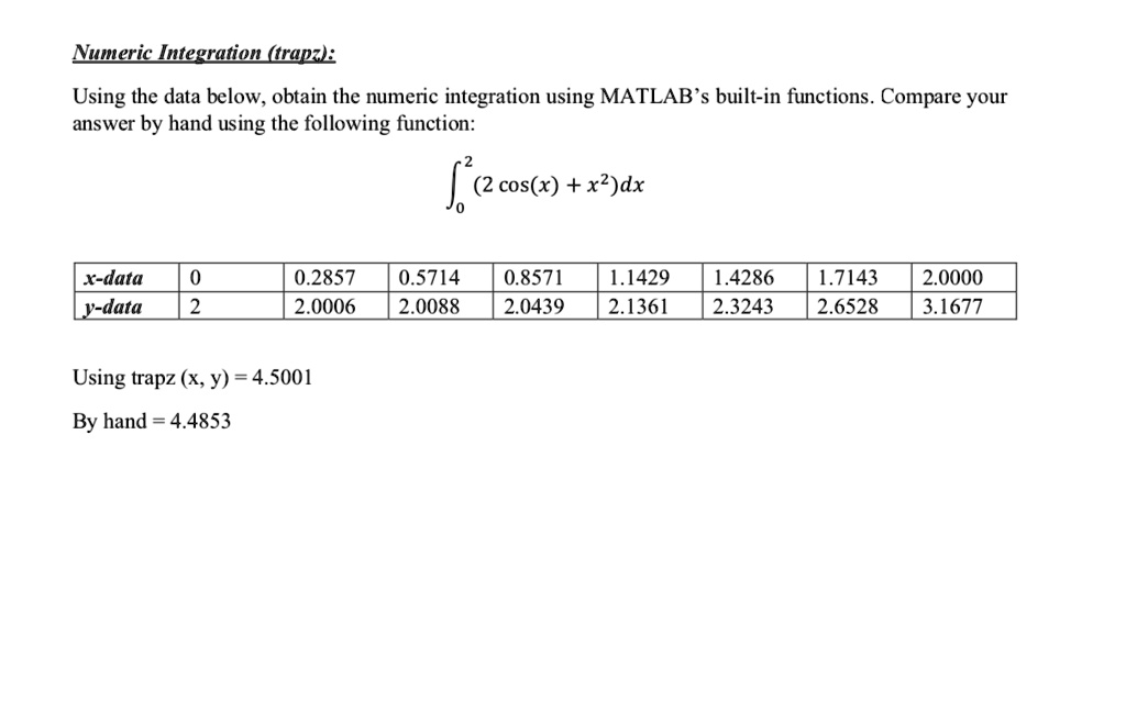 Solved Numeric Integration Trapz Using The Data Below Obtain The Numeric Integration Using 0566