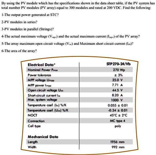 SOLVED: By using the PV module which has the specifications shown in ...