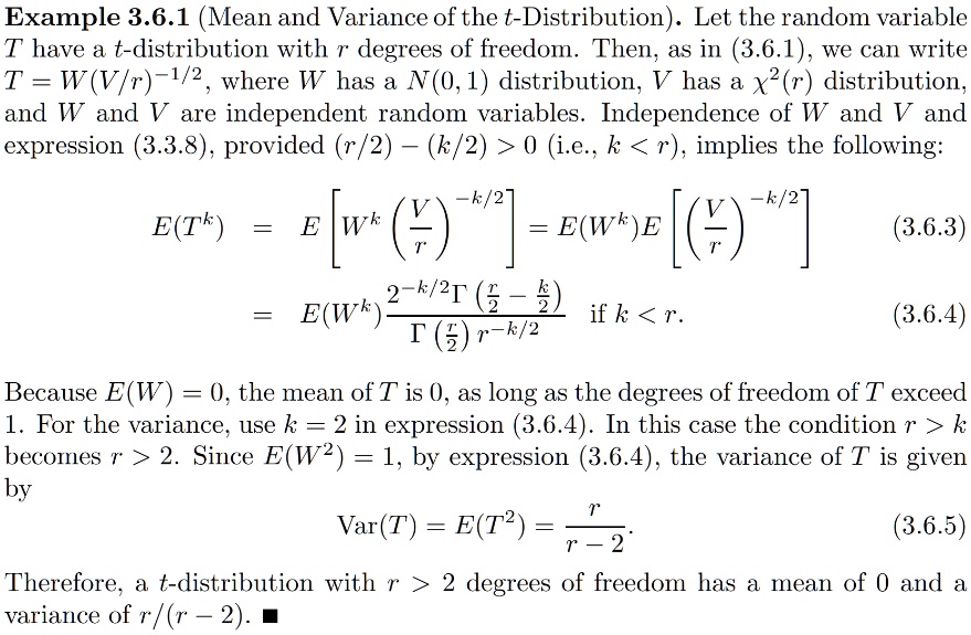 SOLVED: Example 3.6.1 (Mean and Variance of the t-Distribution). Let ...