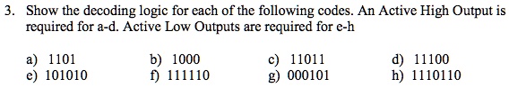 SOLVED: Show the decoding logic for each of the following codes. An Active High Output is ...