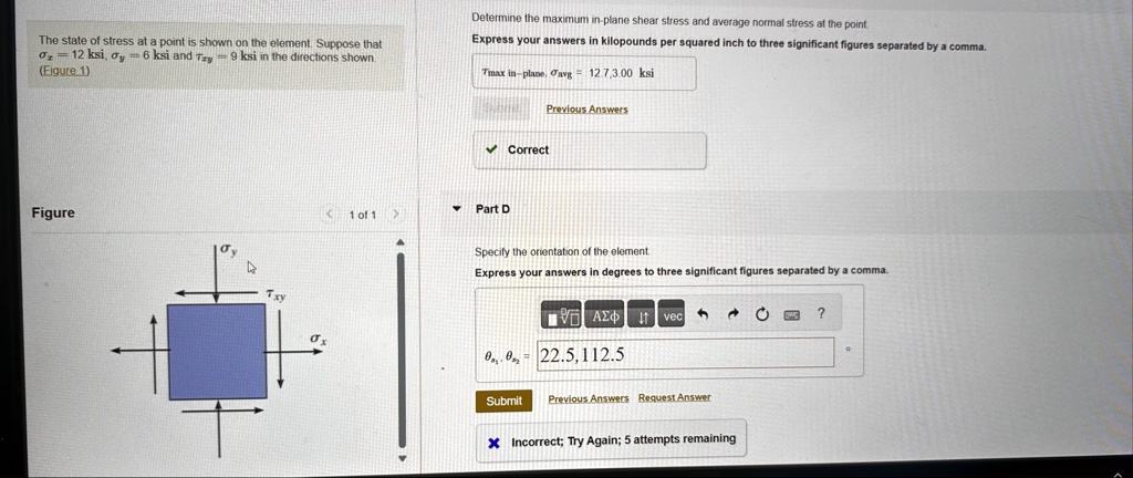 the state of stress at a point is shown on the element suppose that sigmax 12 ksi sigmay 6 ksi ...