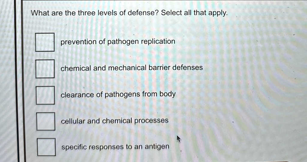 What are the three levels of defense? Select all that apply. prevention ...