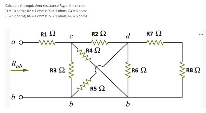 Calculate the equivalent resistance Rab in the circuit. R1 = 10 ohms ...