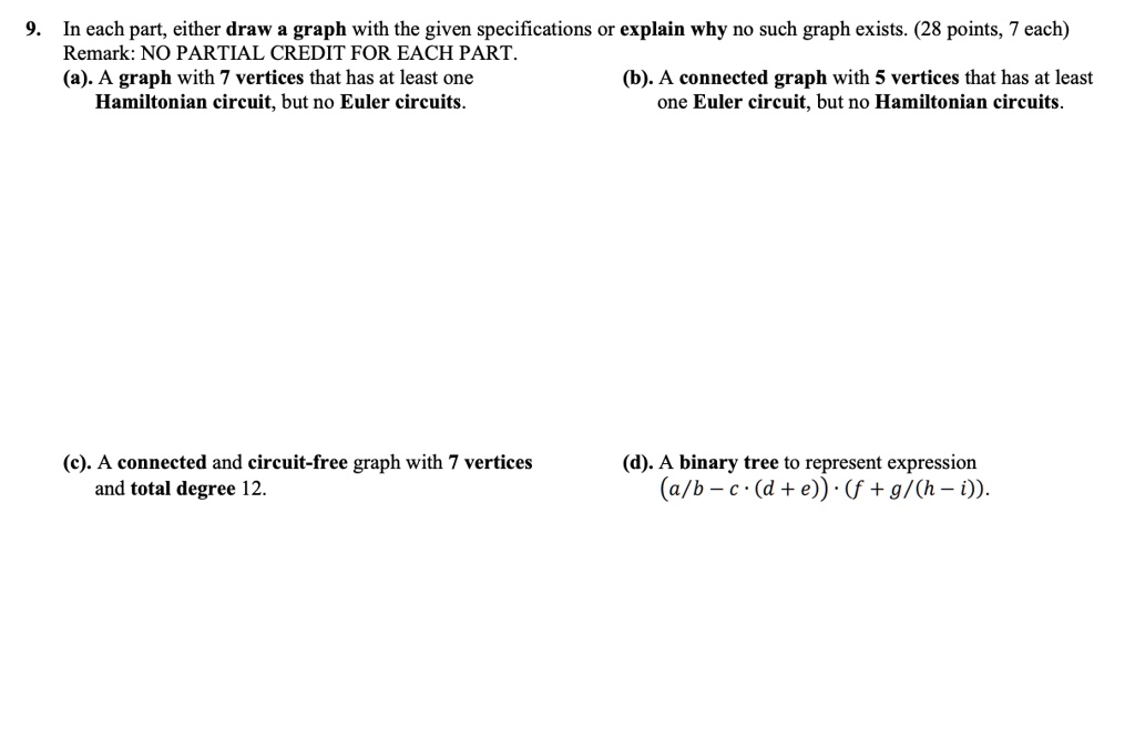 SOLVED: In each part, either draw a graph with the given specifications or explain why no such ...