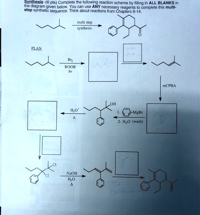 SOLVED: Synthesis -(6 pts) Complete the following reaction scheme by filling in ALL BLANKS in ...