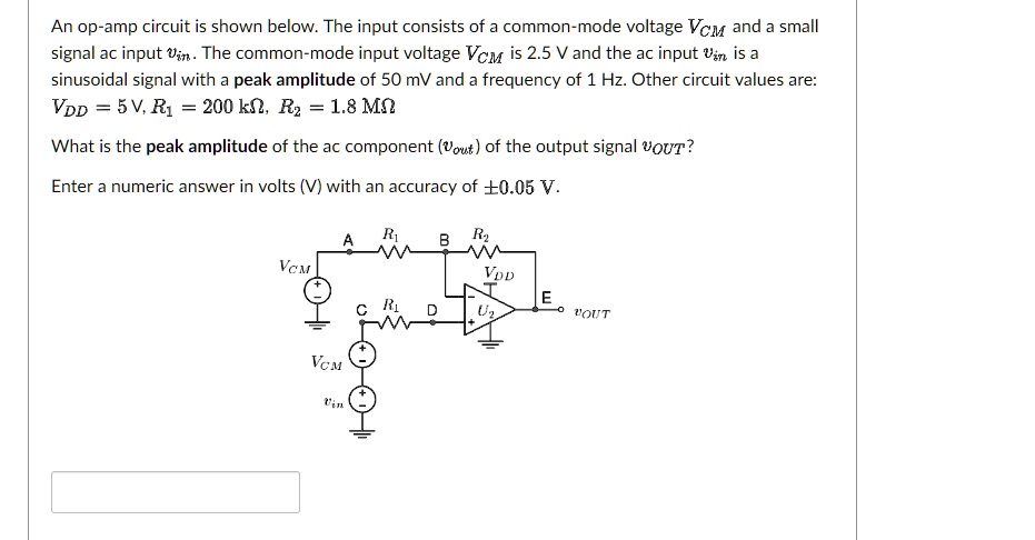 An op-amp circuit is shown below. The input consists of a common-mode voltage VCM and a small ...