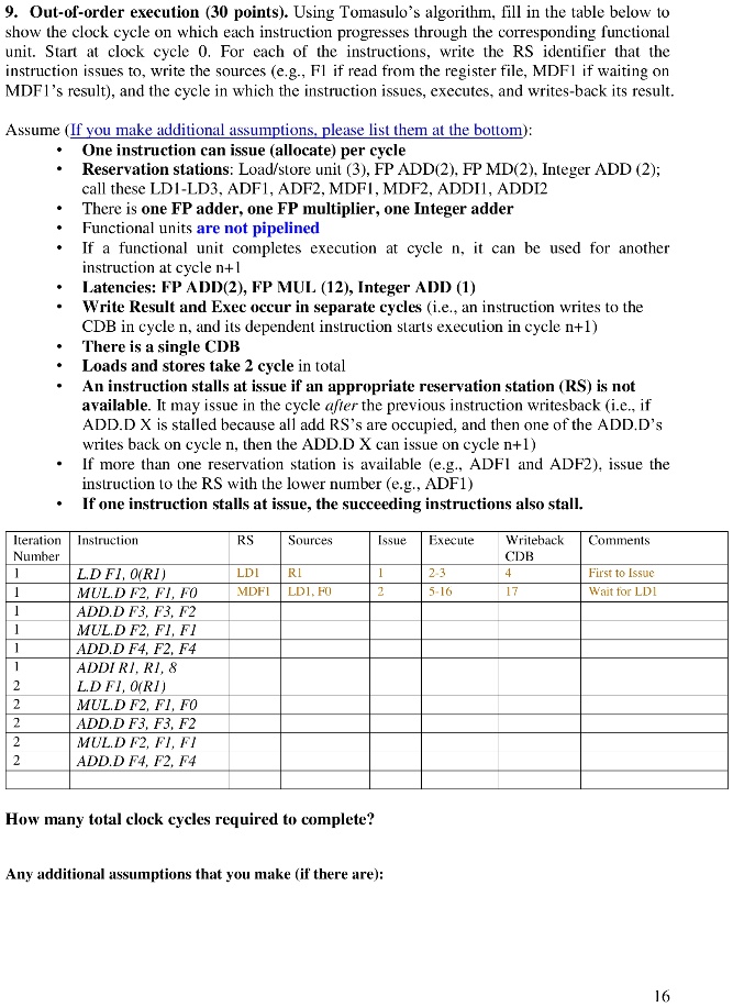 [get Answer] 9 Out Of Order Execution 30 Points Using Tomasulos Algorithm Fill In The Table