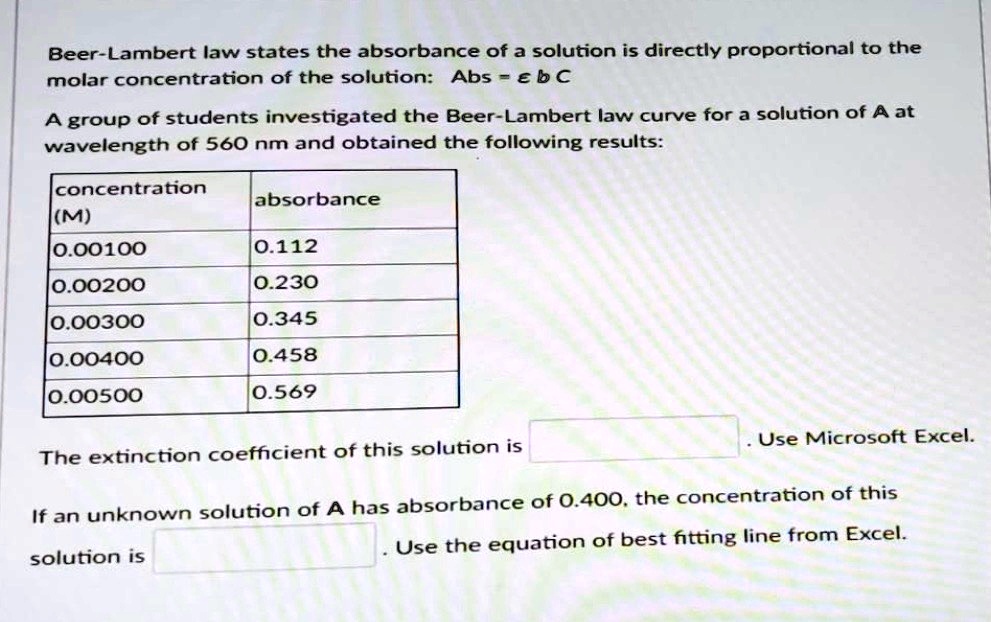 SOLVED: Beer-Lambert Law states that the absorbance of a solution is ...