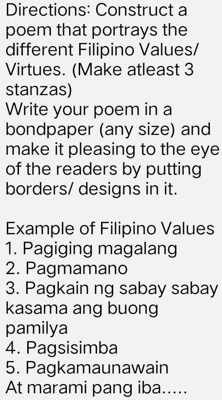 SOLVED: 'pasagot po please . Directions: Construct a poem that portrays ...