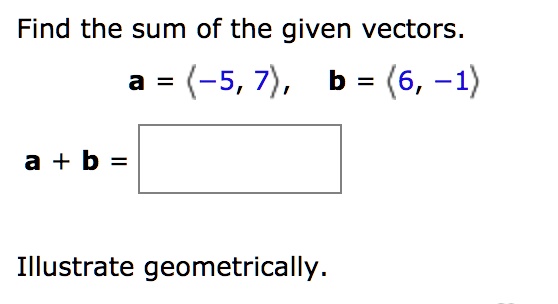 SOLVED: Find the sum of the given vectors: a = (-5, 7) 5 b = (6, -1) a ...