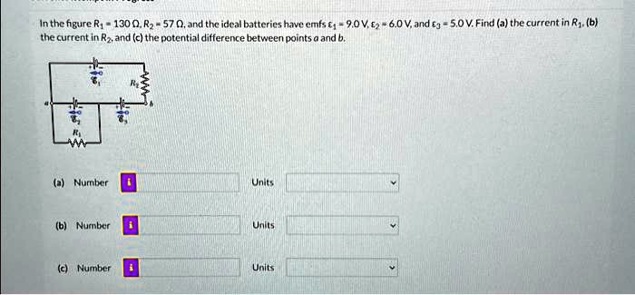 SOLVED: In the figure R130, R = 57Q, and the ideal batteries have emfs = 9.0V, s = 6.0V, and 3 ...