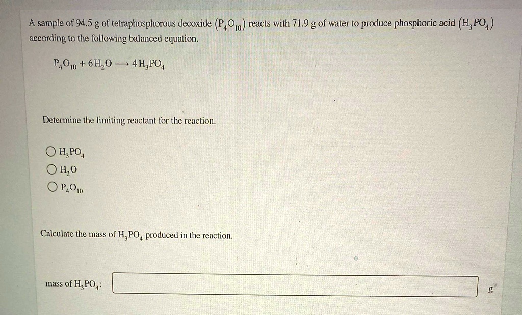 SOLVED: CALCULATE THE PERCENT YIELD OF H3PO4 if 43.2g of H3PO4 is ...
