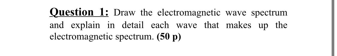 SOLVED: Question 1: Draw the electromagnetic wave spectrum and explain ...