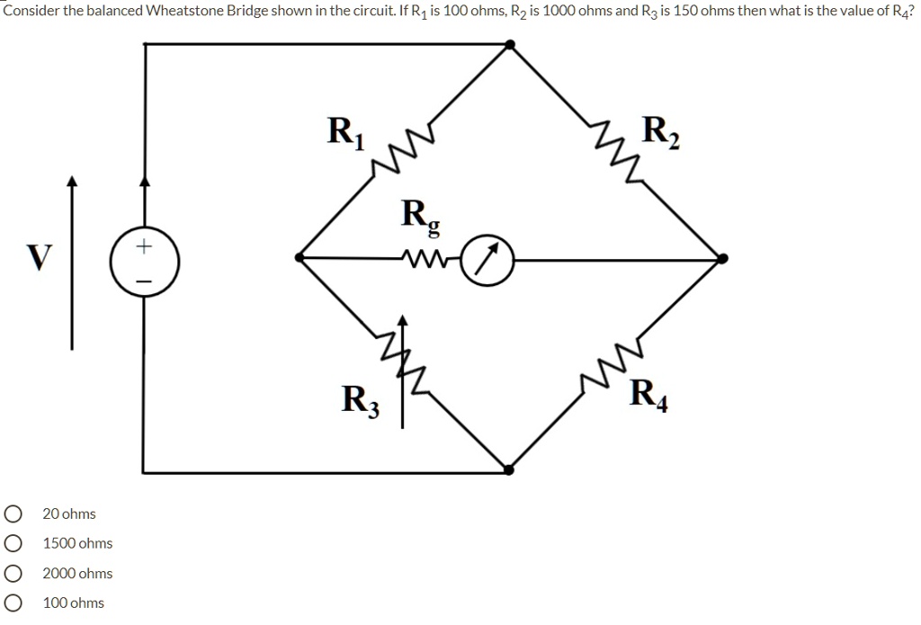 SOLVED: Consider the balanced Wheatstone Bridge shown in the circuit: If Ri is 100 ohms, Rz is ...