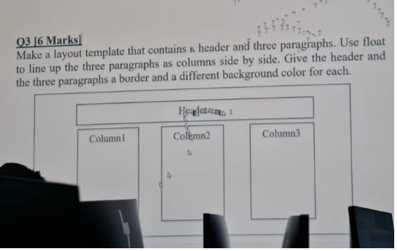 SOLVED: Q3[6 Marks] Header and three paragraphs. Use float to make a ...