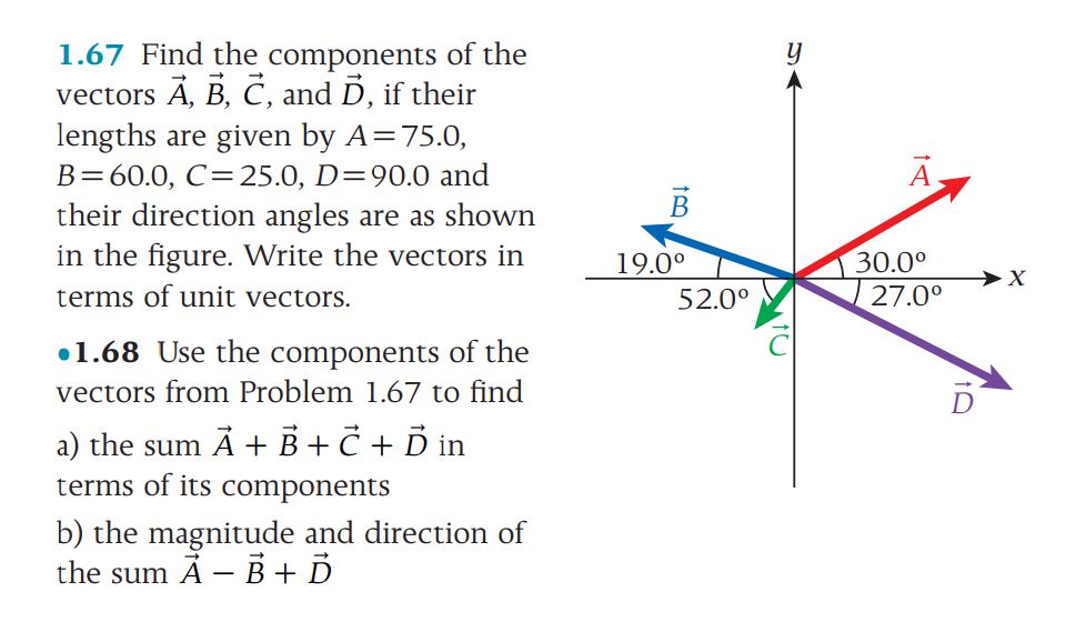 SOLVED: 1.67 Find the components of the vectors A⃗, B⃗, C⃗, and D⃗, if ...