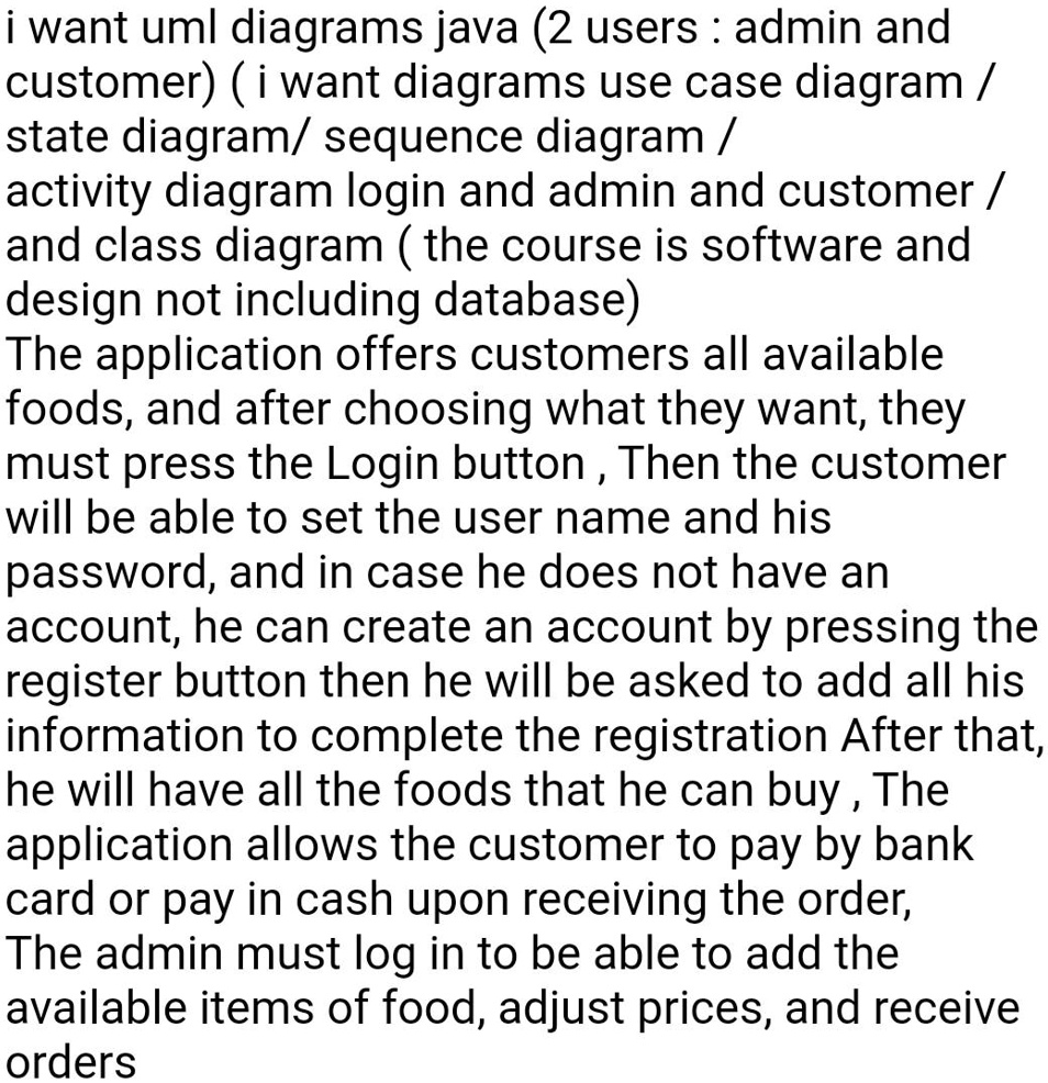 SOLVED: i want uml diagrams java (2 users : admin and customer) (i want ...