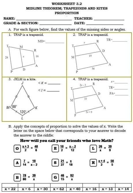 Geometry Worksheet Name Kites And Trapezoids Answers Kites And