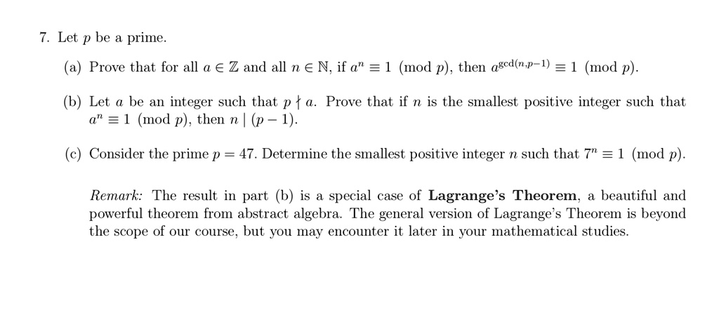 SOLVED: Let p be prime_ Prove that for all a € Z and all n € N, if a" = 1 (mod p), then agcd(nvp ...