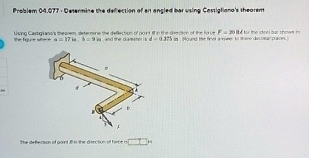 problem 04077 determine the deflection of an angled bar using castiglianos theorem using ...