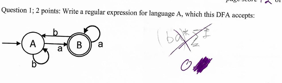 SOLVED: Question 1; 2 points: Write a regular expression for language A, which this DFA accepts: B a