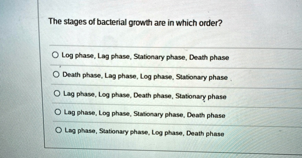 The stages of bacterial growth are in which order? Log phase, Lag phase ...