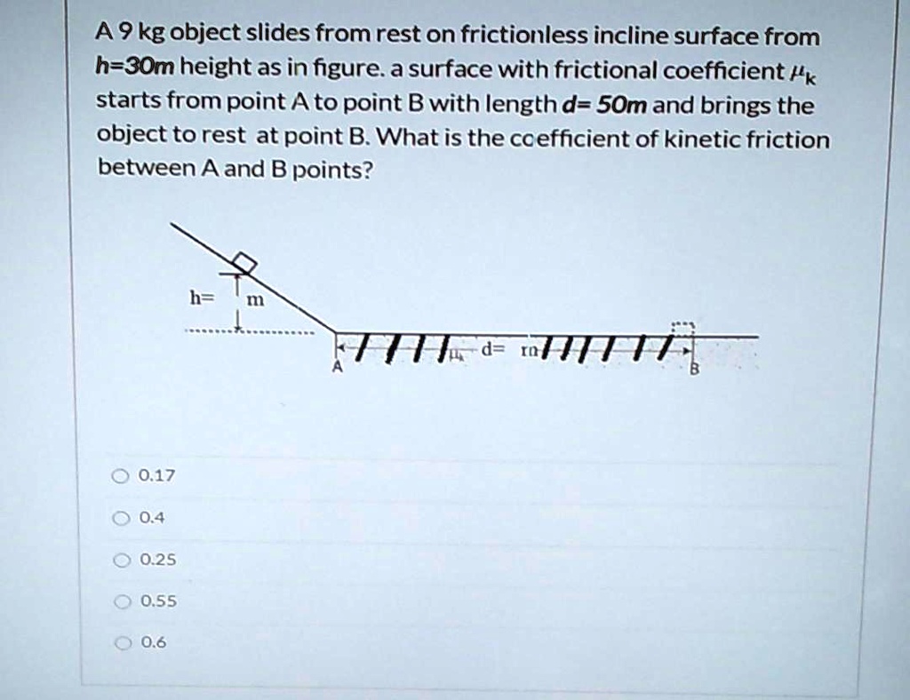 SOLVED: A 9kg object slides from rest on a frictionless inclined surface from a height of 3m, as ...
