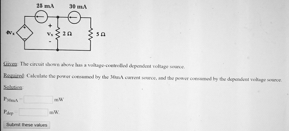 SOLVED: 25 mA 30 mA 20 59 Given: The circuit shown above has a voltage-controlled dependent ...