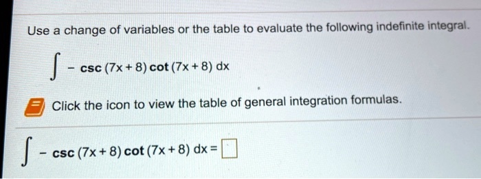 SOLVED: Use a change of variables or the table to evaluate the following indefinite integral ...