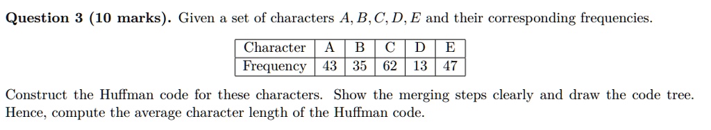 SOLVED: Question 3 (10 marks). Given a set of characters A,B,C,D,E and ...