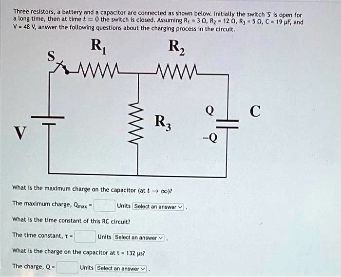 Three resistors, a battery and a capacitor are connected as shown below ...