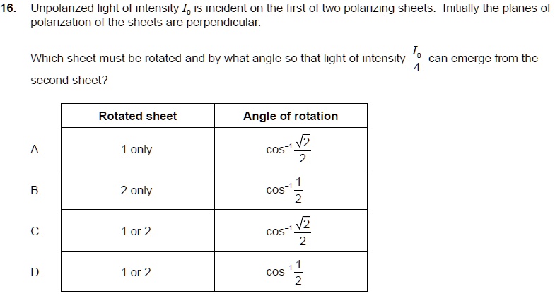 SOLVED: 16. Unpolarized light of intensity I is incident on the first of two polarizing sheets ...
