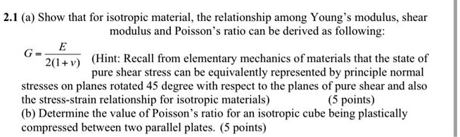 SOLVED: 2.1(a) Show that for isotropic material, the relationship among Young's modulus, shear ...