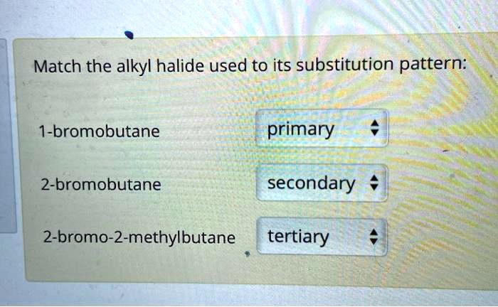 SOLVED: Match the alkyl halide used to its substitution pattern: 1 ...