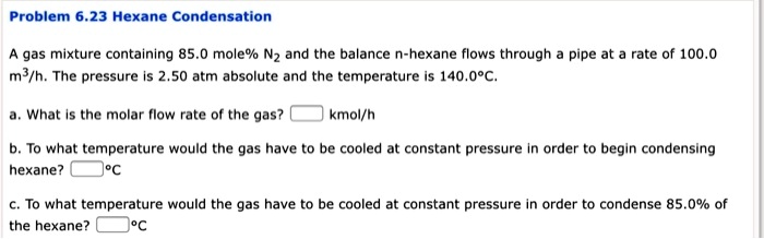 SOLVED: Problem 6.23: Hexane Condensation A gas mixture containing 85.0 mole% N and the balance ...