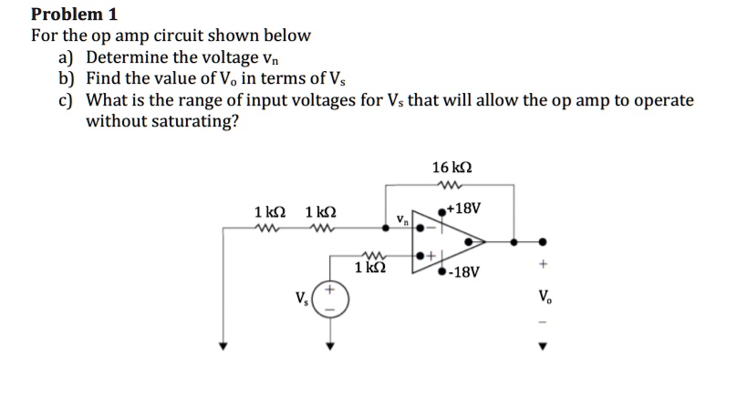 Problem 1 For the op amp circuit shown below a) Determine the voltage vn b) Find the value of Vo ...