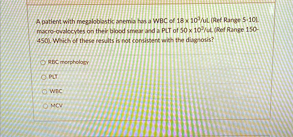 SOLVED: A patient with megaloblastic anemia has a WBC of 18 x 10^3/uL ...