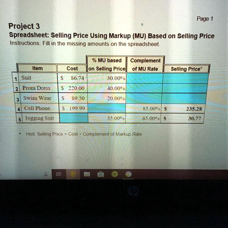 Page 1 Project 3 Spreadsheet: Selling Price Using Markup...