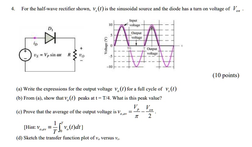 SOLVED: 4. For the half-wave rectifier shown, v.t is the sinusoidal source and the diode has a ...