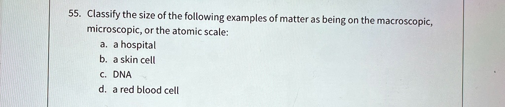55. Classify the size of the following examples of matter as being on ...