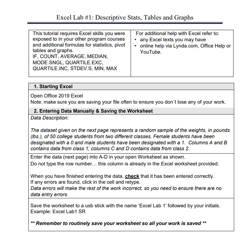 Excel Lab #1: Descriptive Stats, Tables and Graphs This tutorial ...