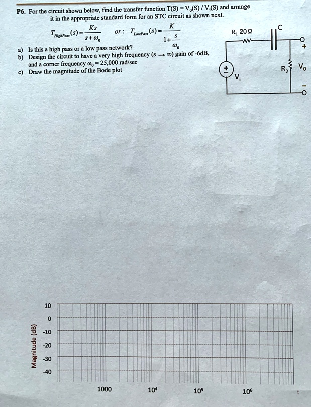 P6. For the circuit shown below, find the transfer function T(S) = Vo(S) / Vi(S) and arrange it ...