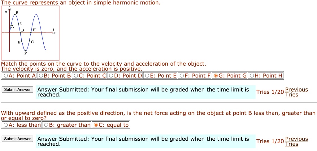 SOLVED: The curve represents an object in simple harmonic motion Match the points on the curve ...